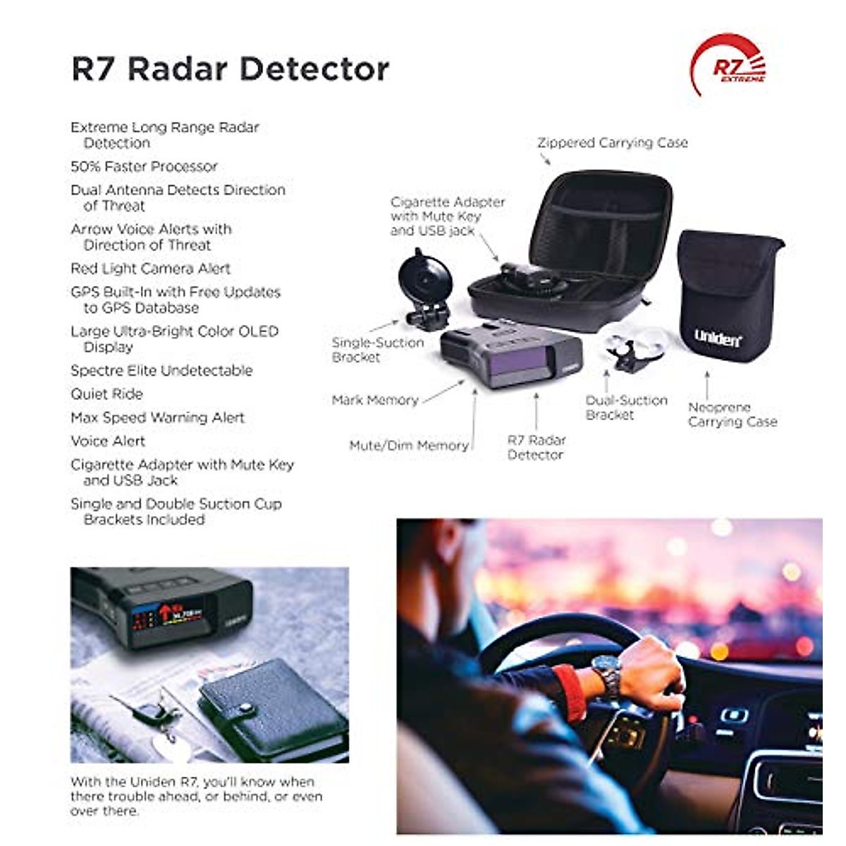 Uniden R7 EXTREME LONG RANGE Laser/Radar Detector, Built-in GPS w/ Real-Time Alerts, Dual-Antennas Front & Rear w/Directional Arrows, Voice Alerts, Red Light Camera and Speed Camera Alerts