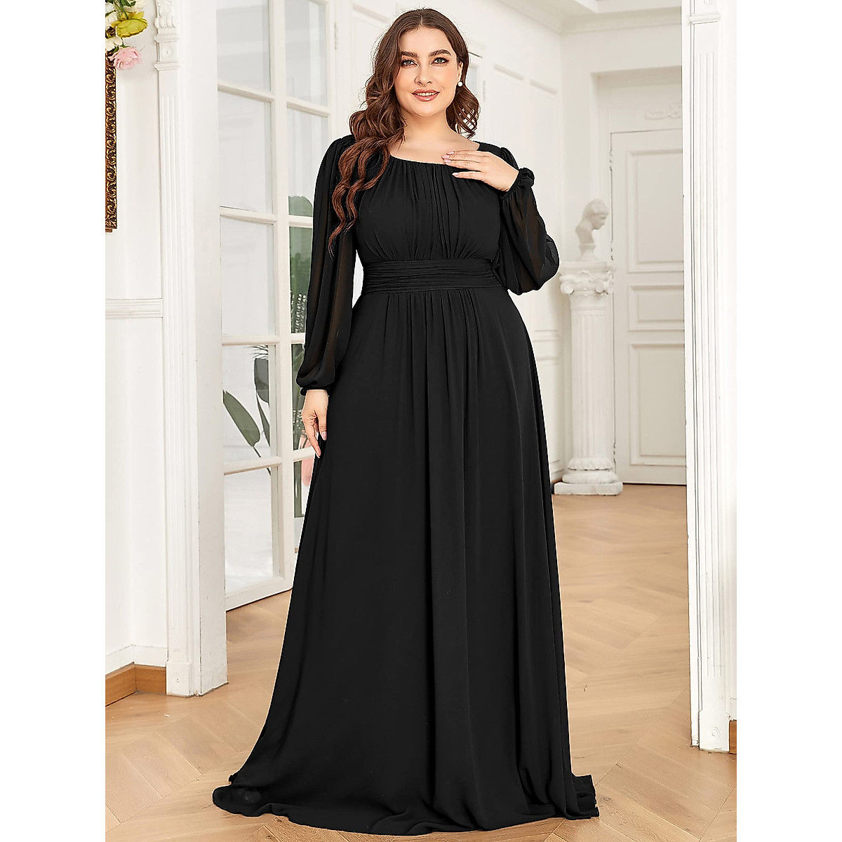 Ever-Pretty Women's Round Neck Long Lantern Sleeves Chiffon Pleated Long Evening Gown Plus Size Formal Dress Black US22
