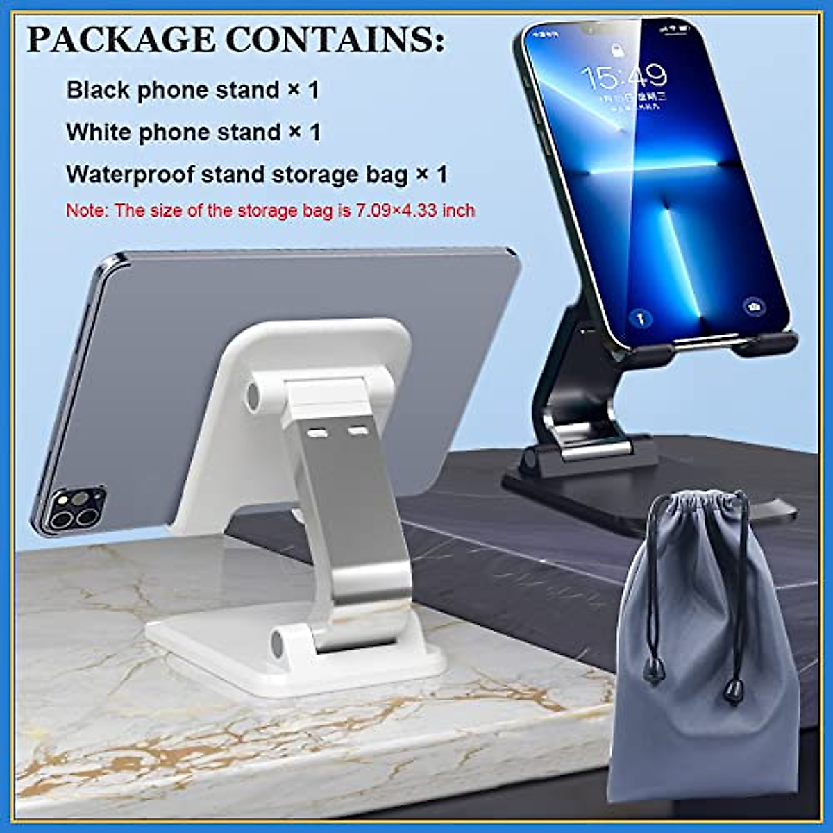 scorking 2-Pack Foldable Cell Phone Stand for Desk, Portable Phone Holder iPhone Stand with Storage Bag, Height & Angle Adjustable Desktop Phone Cradle Mount Dock iPad Stand Tablet Holder