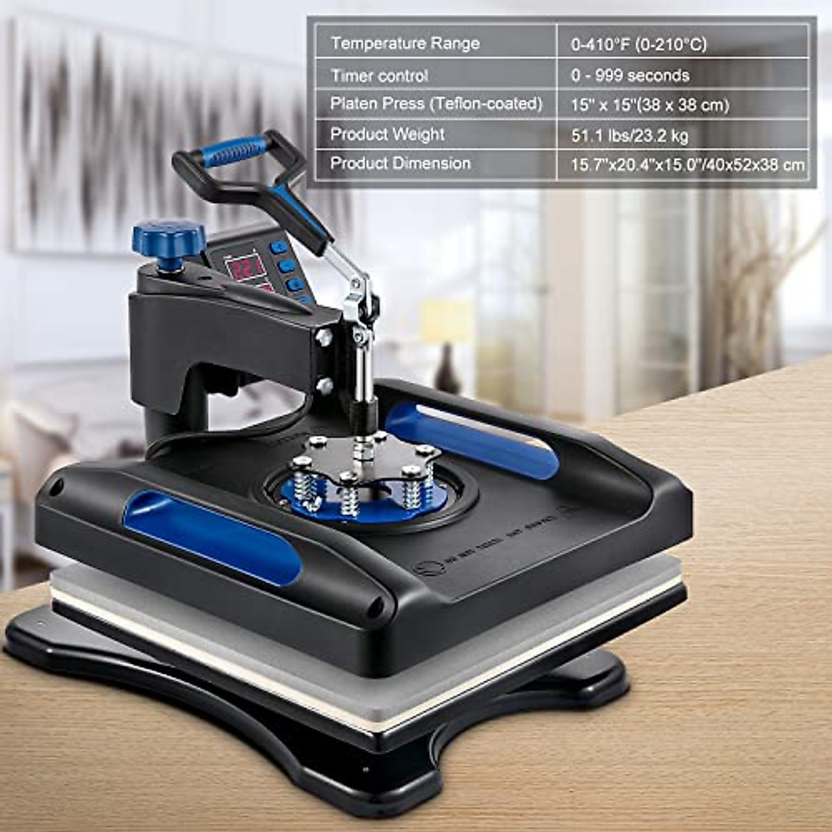 VEVOR Heat Press Machine, 15 x 15 Inches, Fast Heating, 360 Swing Away Digital Sublimation T-Shirt Vinyl Transfer Printer with Anti-Scald Surface, Canvas Bag, Pillow, Banner, ETL Listed, Blue