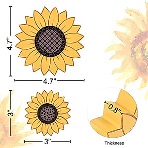 MEKOUZON Wood Sunflower Decor, Rustic Figurines Statue Ornaments for Thanksgiving, Set of 2 Wooden Blocks Farmhouse Desk Decorations for Tiered Tray, Shelf, Tabletop Fireplace