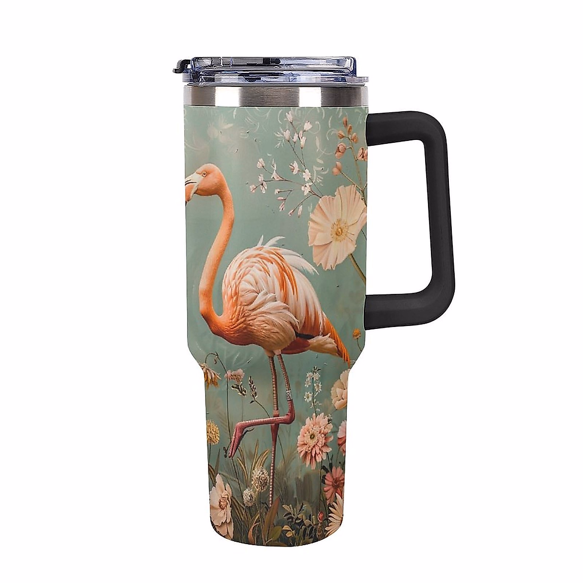 40 Oz Oil Painting Flamingos Insulated Stainless Steel Tumbler with Handle & Straw Lid, Reusable Travel Cupholder Friendly Mug for Coffee, Water, Tea