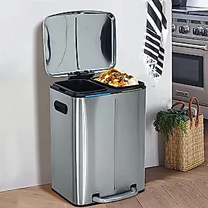 BIQWBIC 10 Gallon Dual Trash Can for Recycling and Trash, Stainless Steel Recycle Trash Can with 2 x 5 Gallon (40 L) Removable Inner Buckets, Pedal Recycling Bin for Kitchen, Soft Closure