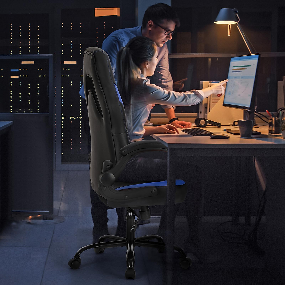 Sweetcrispy Computer Gaming Desk Chair - Ergonomic Office Executive Adjustable Swivel Task PU Leather Racing Chair with Flip-up Armrest for Adults, Kids, Men, Girls, Gamer, Black Blue