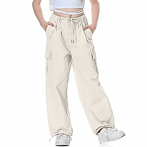 Rolanko Girls Parachute Pants, Cargo Pants for Girls Baggy Y2K Loose Jogger Trousers with Pockets for Kids (Beige, 8-10)