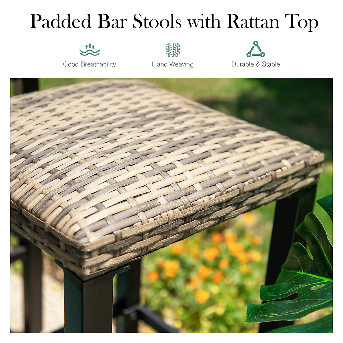 Sophia & William Outdoor Patio Bar Stools Set of 4, Counter Height Backless Rattan Wicker Bar Chairs with Adjustable Feet Mats, Patio Furniture with Metal Frame for Patio Kitchen Dining, 26.4" H