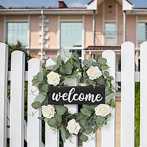 Dremisland Welcome Wreath for Front Door,18 Inch Artificial Rose Eucalyptus Leaves Wreath,Floral Garland Wreath for Window Garden Festival Celebration Wedding Home Decor (Black)