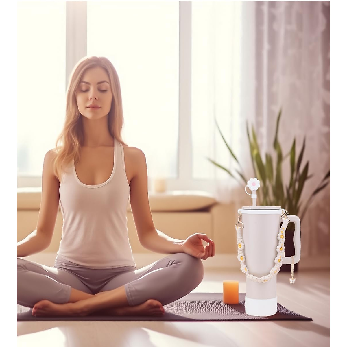 40 oz Tumbler with Handle and Straw & 6PCS Cup Accessories for 40 oz Cup - Vacuum Insulated Stainless Steel Double Wall Water Bottle Travel Coffee Mug - Holiday Gifts for Women Men (Cream)