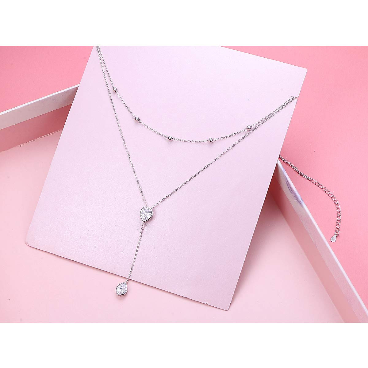 FLYOW S925 Sterling Silver Double Layered Necklace Teardrop CZ Choker Y Lariat Necklace Christmas Birthday Gifts for Women Wife Fiancée
