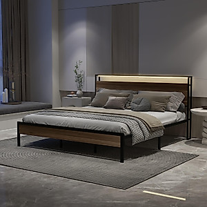 Tuconia King Bed Frame with LED Lights Metal Platform Bed Frame with Storage Headboard Built in Charging Station & USB Ports Noise-Free No Box Spring Needed Grey