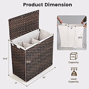 Giantex Laundry Hamper with Lid and Handle, 35 Gal (130L) Wicker Laundry Basket, 3-Section Removable Liner Bag, Synthetic Rattan Divided Clothes Hamper Storage Organizer for Bathroom (Brown)
