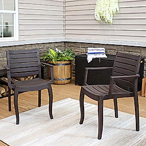 Sunnydaze Illias Plastic Outdoor Patio Arm Chair - Set of 4 - Stackable Seating - Brown