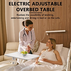 Kingant Cordless Electric Overbed Table, Height Adjustment with Battery Operated,Hospital Tray,Mobile Laptop Standing Desk,Bedside Table(Home & Hosptial Use)