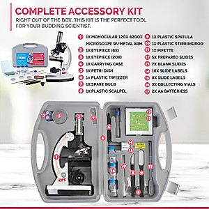 AmScope 1200X 48-pcs Kids Student Beginner Microscope Kit with Slides, LED Light, Carrying Box and Book The World of The Microscope
