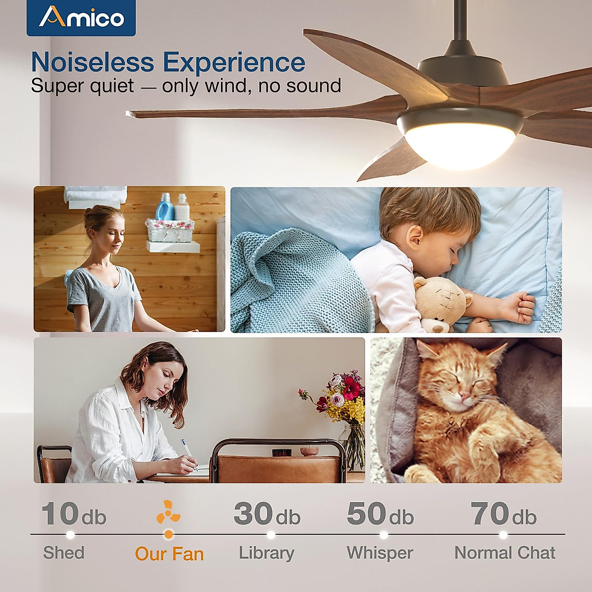 Amico Ceiling Fans with Lights, 52 inch Indoor/Outdoor Ceiling Fan with Remote Control, Reversible DC Motor, 5 Blades, 3CCT, Dimmable, Damp Rated Wooden Ceiling Fan for Bedroom, Patio, Porch