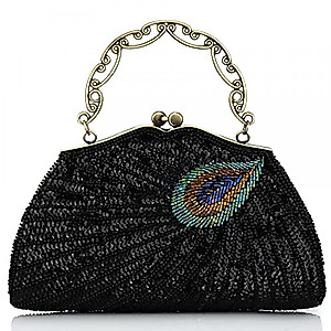 Women Evening Sequin Clutch Purse Vintage Beaded Shoulder Handbags Peacock Top Handle Bag for Party Prom Wedding (Black)