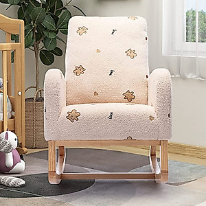 Pvillez Nursery Rocking Chairs, Upholstered Nursery Glider Rocker for Baby and Kids, Comfy Armchair with Side Pocket, Living Room Lounge Arm Chair Sofa Chair, High Backrest with Cute Pattern, Beige