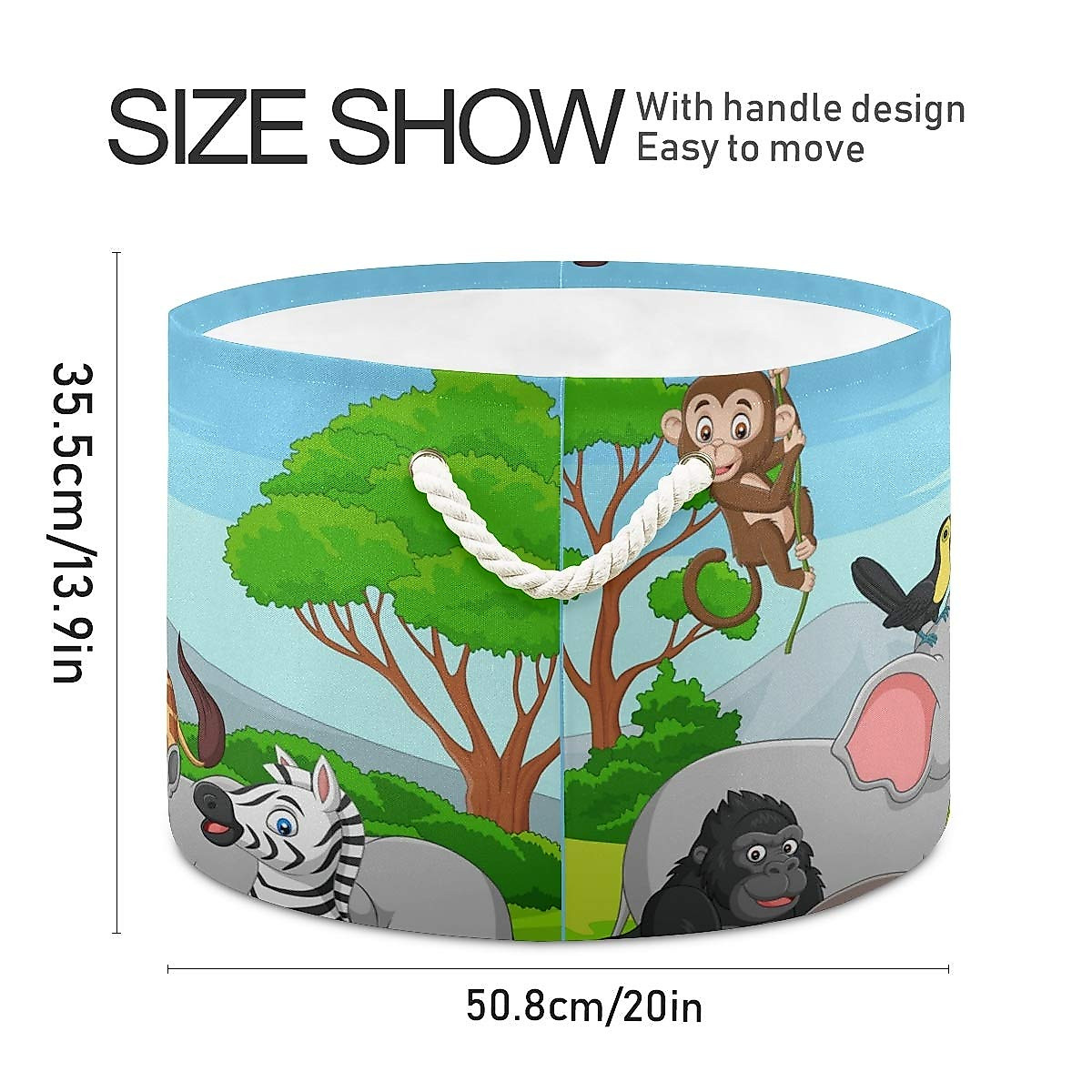 AJINGA Collapsible Round Storage Basket Fabric Toy Chest Organizer, Cartoon Wild Animals Jungle Laundry Basket with Drawstrings for Kids