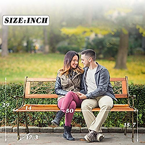 Metal Outdoor Bench Patio Bench Cast Iron Steel Frame Garden Bench Patio Furniture Chair Outdoor Bench w/Floral Design Backrest, Wood Slatted Seat for Park, Yard & Porch, Bronze