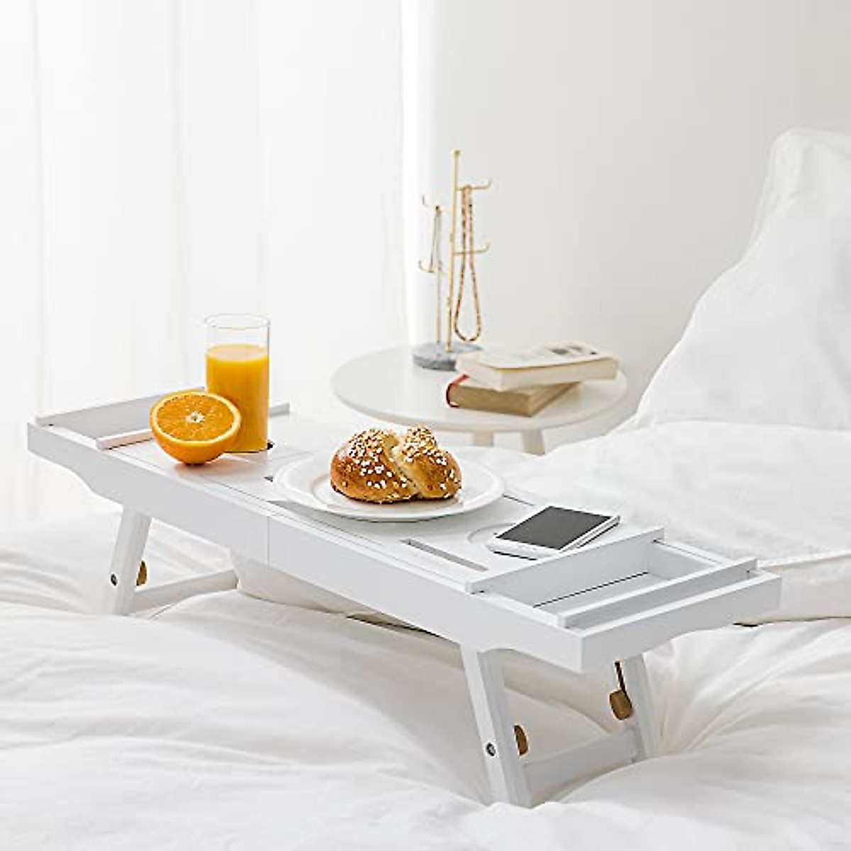 Navaris Bed and Bath Tray - Wooden Rack with Folding Legs - Bamboo Bathtub Caddy Bridge Shelf with Book or Tablet Stand - White