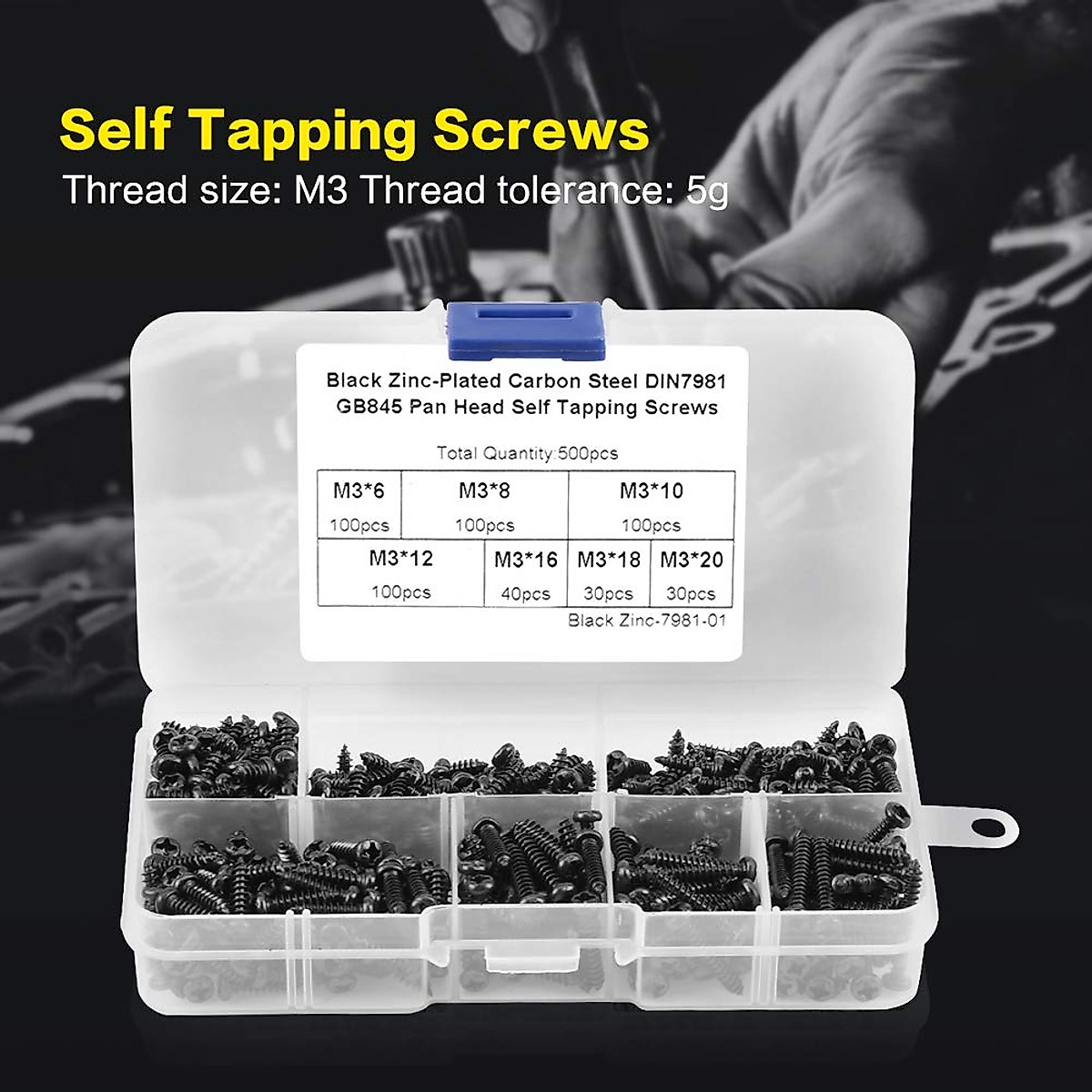 Button Head Screws, 500PCS M3 Cross Drive Button Head Self-Tapping Screws Fastener Assortment Set with Plastic Box Head Bolts Stainless Button Head Screws (Black Carbon Steel)