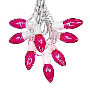 Novelty Lights Pink Hanging Incandescent Christmas String Lights - Retro Traditional C9 Indoor/Outdoor Light Set w/ 25 Mini Bulbs for Roof Lines, Patios (White Wire, 25' Long)