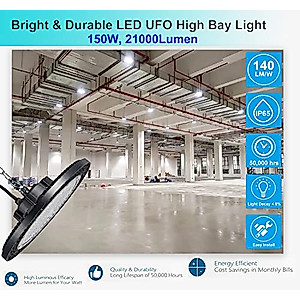 150W UFO LED High Bay Light, 21,000lm (Eqv.600W MH/HPS), 100-277V, 5000K Daylight LED High Bay Lights Fixture 5' Cable with US Plug for Workshop, Warehouse, Barn, Garage - Pack of 1