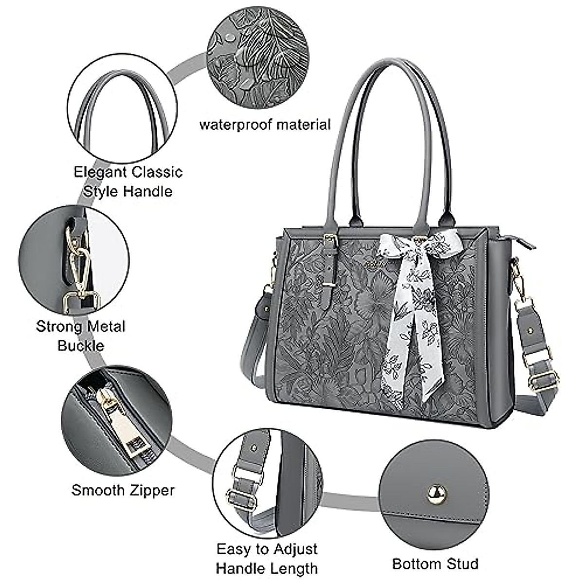 MOSISO Laptop Bag for Women, 15.6-16 inch PU Leathe Tote Bag Compatible with MacBook, HP, Dell, Asus Notebook, Front Embossed Retro Hibiscus Computer Bag with Silk Scarf&Clutch Purse, Gray