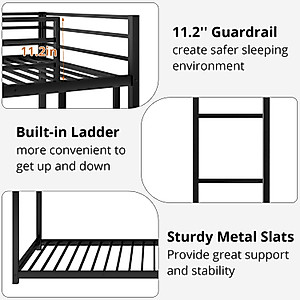INCLAKE Twin Over Twin Bunk Bed, Heavy Duty Metal Bunk Bed Frame with Built-in Ladder and Safety Guard Rail, Low Bunk Bed for Teens Adults, Noisy Free & No Box Spring Needed, Black
