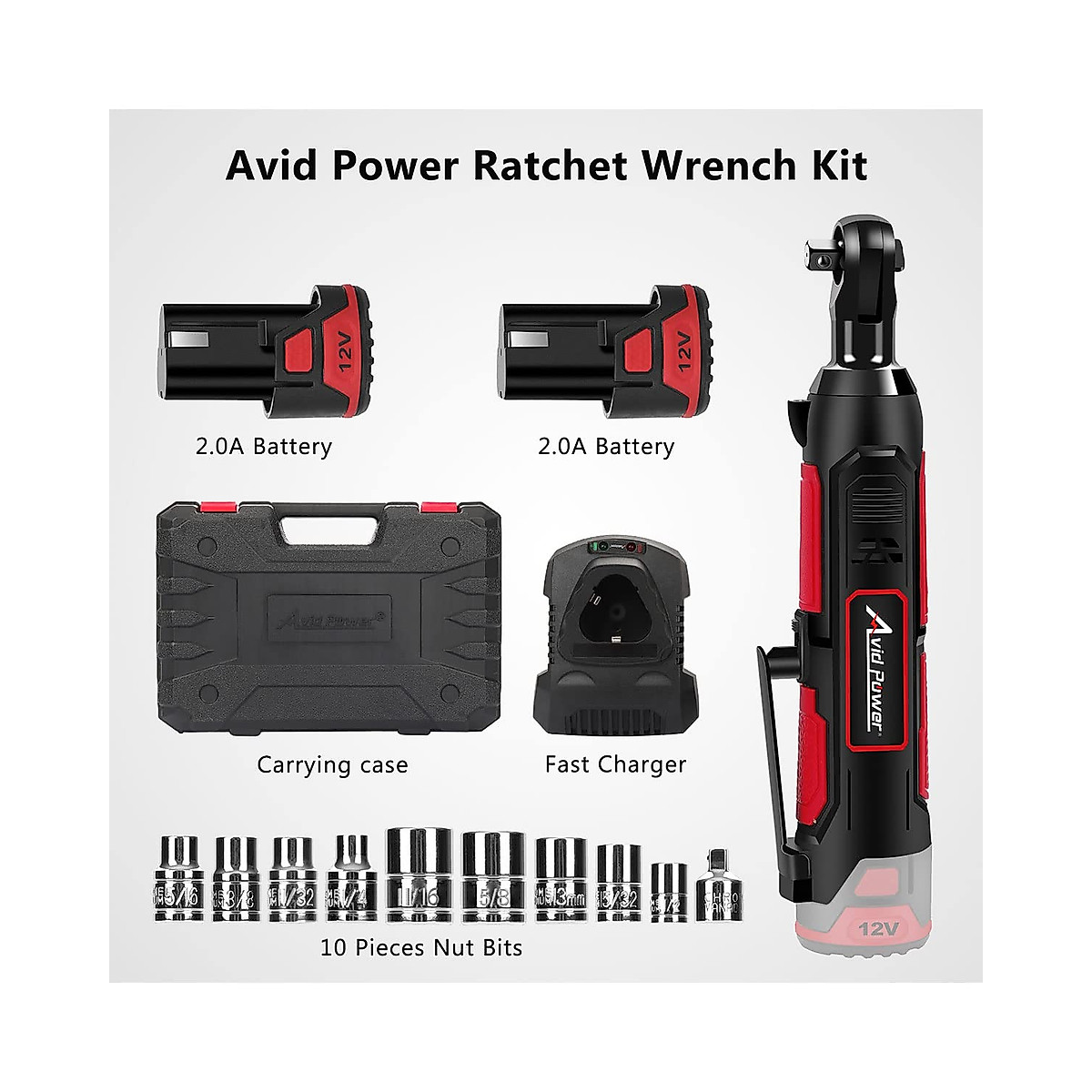 AVID POWER Cordless Electric Ratchet Wrench, 3/8" 50N.m (37 Ft-lbs) 12V Power Ratchet Wrench Kit w/Two 2.0Ah Batteries, 1-Hour Fast Charger, Variable Speed and 10 Sockets