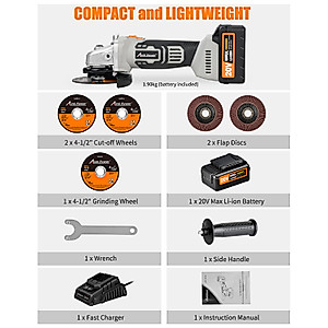 AVID POWER Cordless Angle Grinder with 4-pole Motor, 20V Cordless Grinders Tools w/3.0A Battery & Fast Charger, 4-1/2 Inch Grinding Wheels, Cutting Wheels, Flap Discs and Auxiliary Handle - Grey