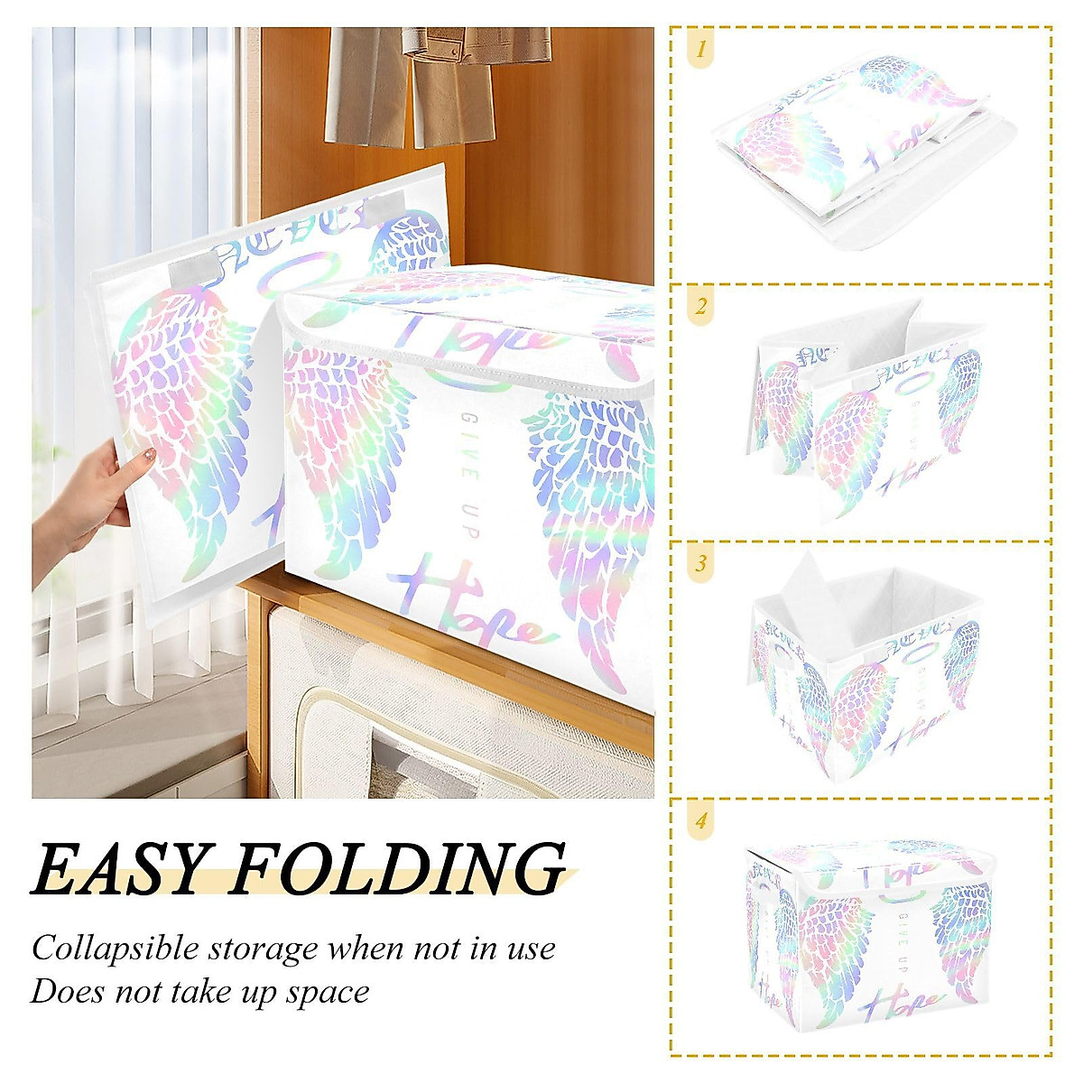 KiRYu Never-give-up-angel-wings-black Foldable Fabric Storage Boxes with Lids, Cube Large Storage Bins for Shelves Closet Home Bedroom Office Decorative