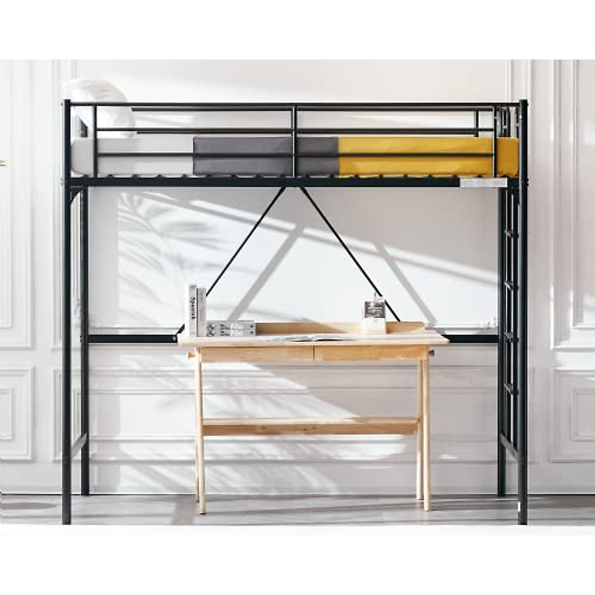 VINGLI Twin Loft Bed with Stairs, Metal Loft Bunk Bed with Safety Guard Rails & Flat Ladder Rung/Rubber Cover for Kids Teens Adults, Black