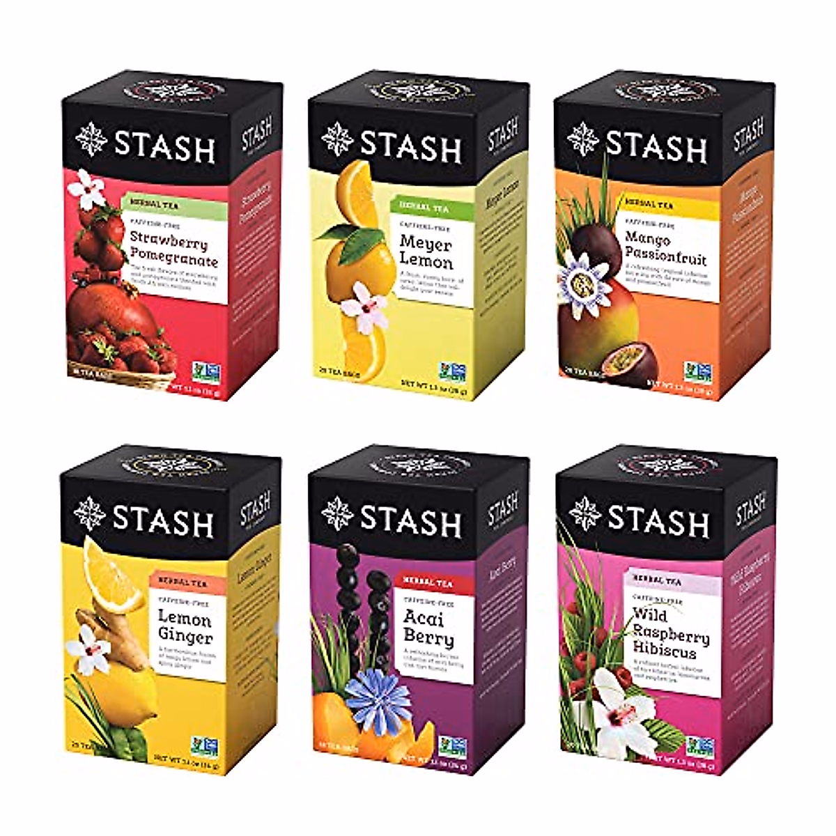 Stash Tea Fruity Herbal Tea 6 Flavor Tea Sampler, 6 boxes With 18-20 Tea Bags Each
