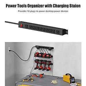 CCCEI 5PCS Individual Pegboard Strip with Power Outlet. Garage All Metal Wall Mount Mini Black Peg Board Set, for Drill and Tools Battery Holder Kit, Cleaning Supplies Cabinet Organizer. Gift for Men