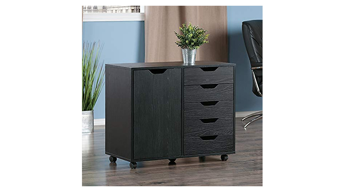 Winsome Halifax Black Storage Cabinet with 5 Drawers & Side Shelf