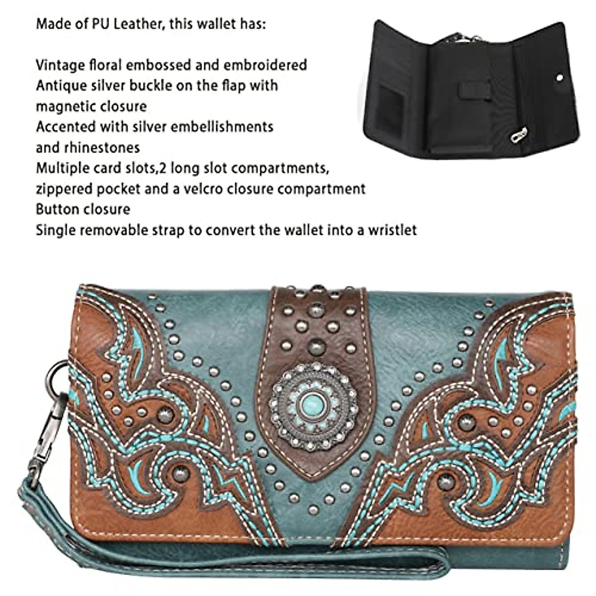 Montana West Womens Wallet Clutch Wallets Credit Card Coin Bill Try Fold Accordion (Patina Buckle Black)