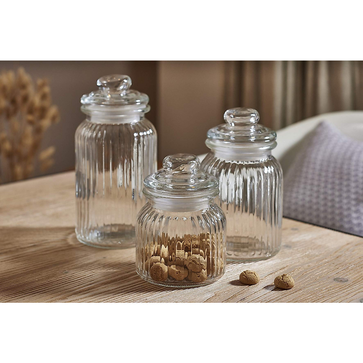 WHW Whole House Worlds Iconic Ribbed and Knob Topped Clear Glass Kitchen Storage Jars, Set of 3, Air Tight Seals, 9, 7 1/2, and 6 Inches Tall