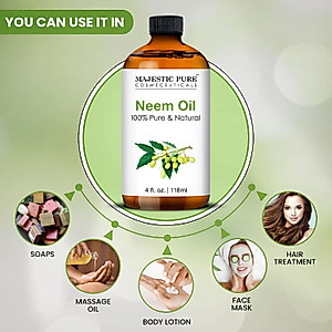 MAJESTIC PURE Neem Essential Oil | 100% Pure and Natural Neem Oil Spray for Plants, Outdoor Plants, Hair Care, Home Diffusers, Skin, Aromatherapy, Massage and Humidifiers | 4 Fl Oz