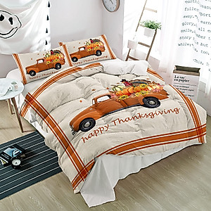 Autumn Orange Truck Queen Duvet Covers Farm Car Thanksgiving Turkey Pumpkins 3-Piece Bedding Sets Luxury Soft Microfiber Bed Comforter Protector with Pillow Cases for Women Men Girl Boy Orange Line