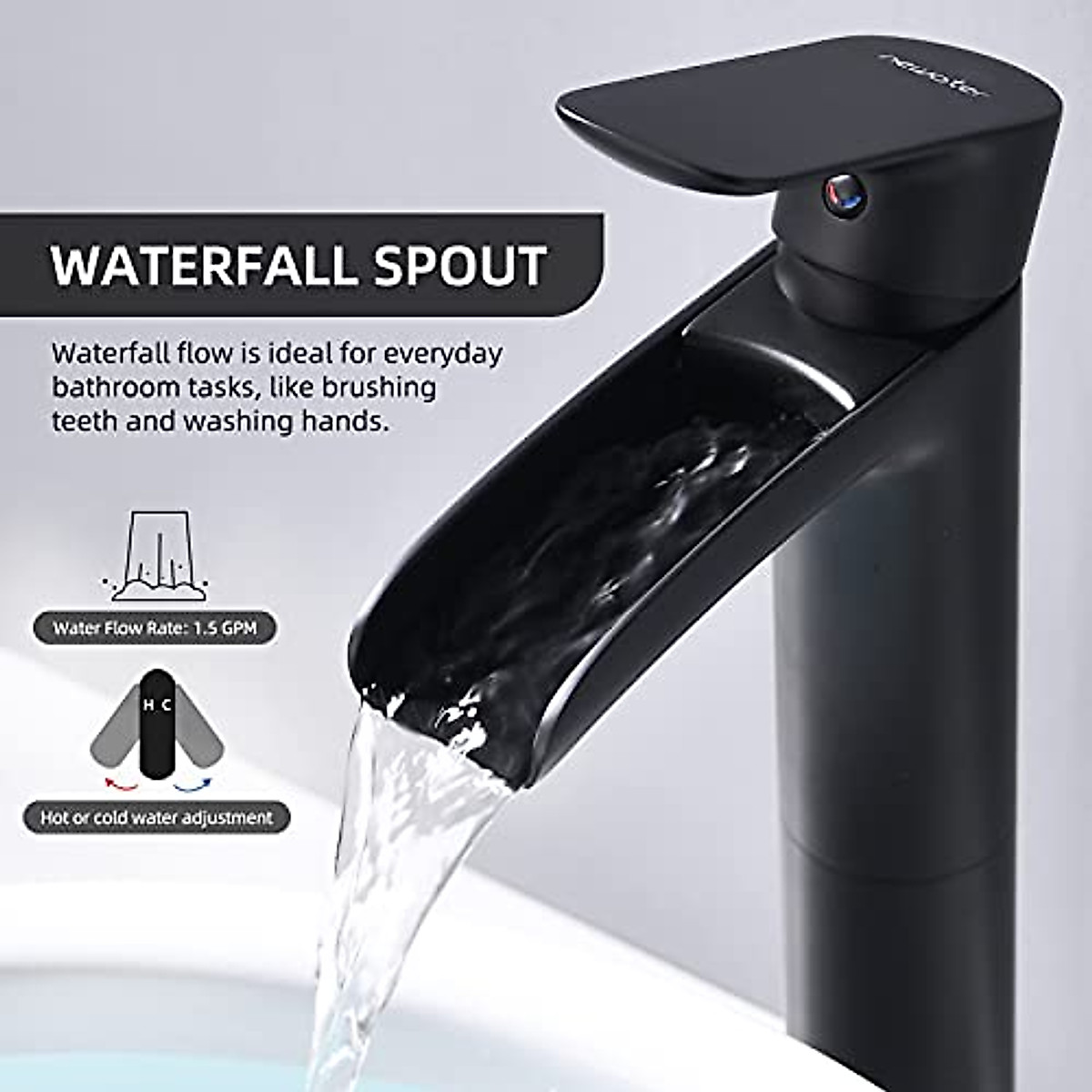 NEWATER Vessel Sink Faucet Brass Waterfall Spout Bathroom Faucet Tall Body Single Hole One Handle Bathroom Sink Faucet Commercial Faucet for Bathroom Sink Vanity Faucet with Supply Lines，Matte Black