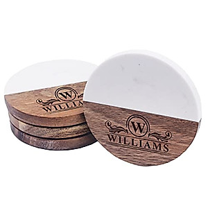 Custom Personalized Set of 4 Marble and Acacia Coasters for Drinks, Couples, Wedding Gift, New Home (Round Marble and Acacia)