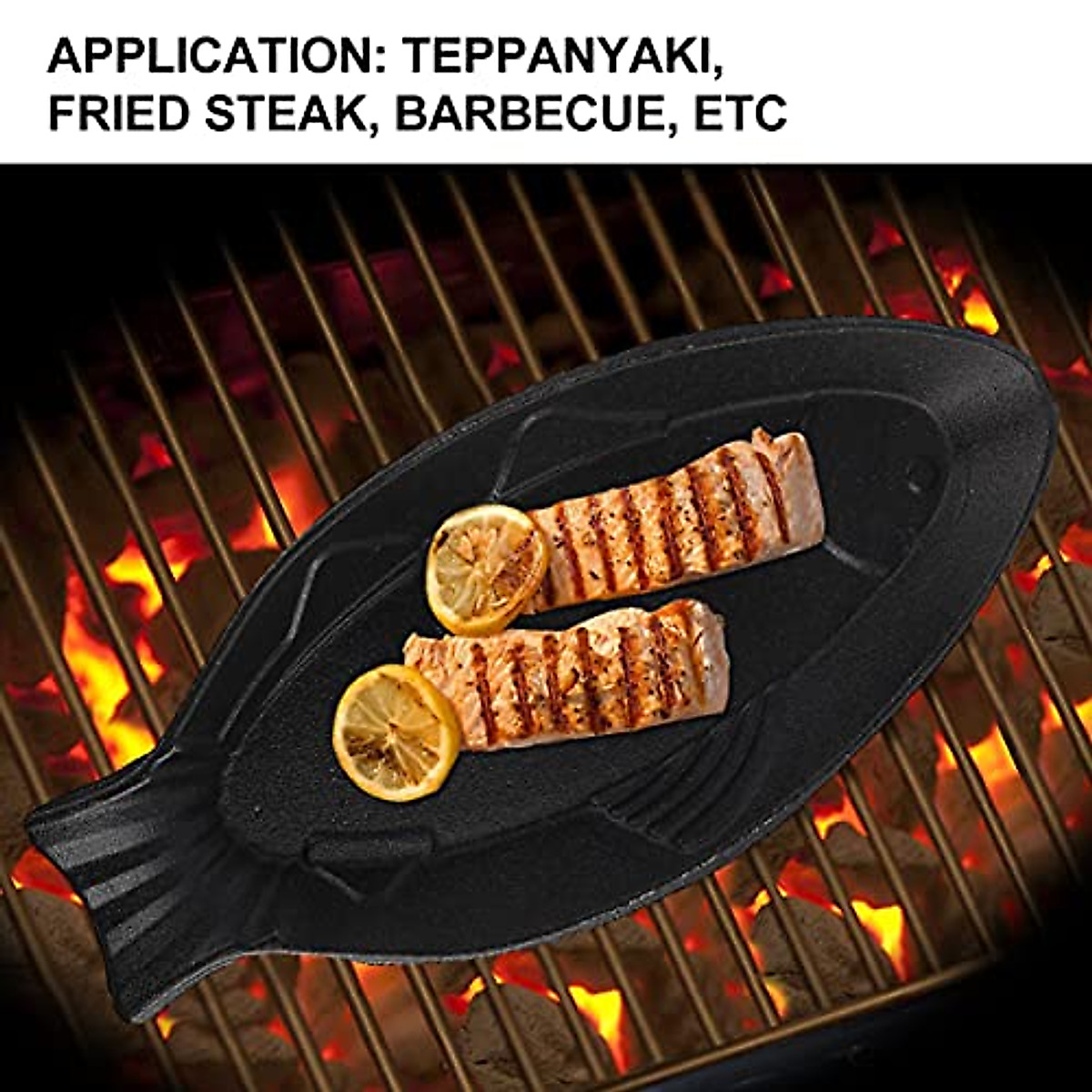 DOITOOL Fish Shaped Grill Pan Pre Seasoned Cast Iron Skillet with Wooden Base Fish Cast Iron Grill and Serving Pan Fryer Portable BBQ Pan Plate Baking Tools,for Cooktop,Gas Stoves,BBQ etc