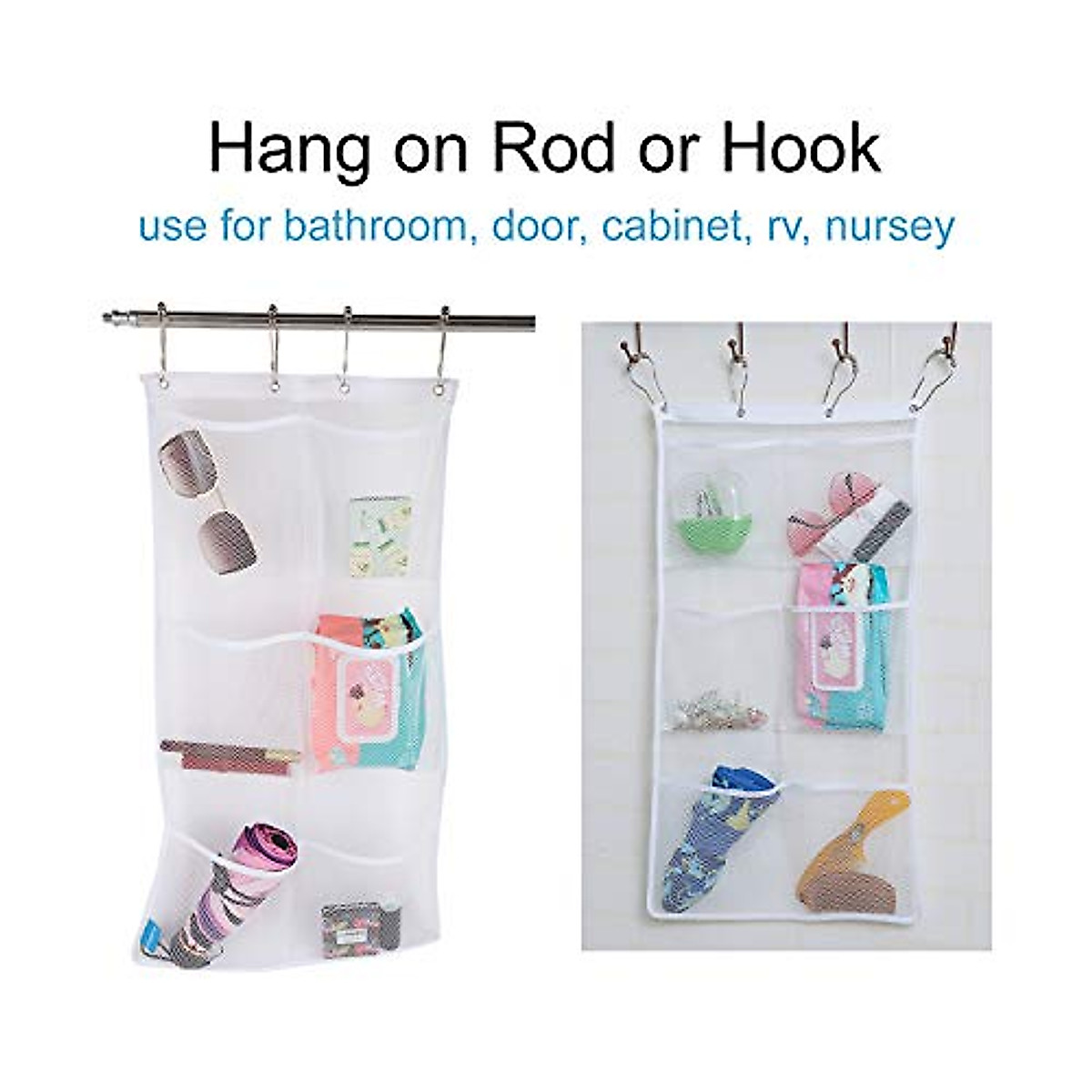 Bsagve 3 Pack Hanging Mesh Shower Caddy Organizer with 6 Pockets, Shower Curtain Rod/Liner Hook Fabric Storage Bag Bathroom Door Hanger, Dorm RV Space Saving, Kids Bath Toy Organizers with 4 Rings