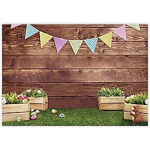 Allenjoy 7x5ft Fabric Spring Easter Backdrops for Girls Photography Wrinkle Free Happy Bunny Rabbit Green Grass Brown Wooden Wall Baby Shower Kid Newborn Portrait Background Photo Studio Shooting