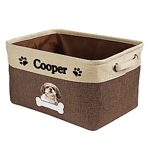 MALIHONG Personalized Dog Shih Tzu Bone Decorative Storage Basket Fabric Rectangle Toy Box with 2 Handles for Organizing Closet Garage Clothes Blankets Brown and White