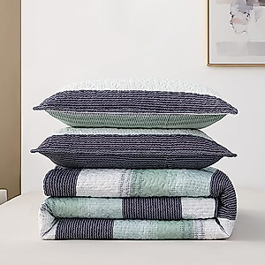 DURLENGEN Mint Green Quilt Set California King Size 3Pcs, Bohemian Design with White & Mint Green & Blue & Grey Stripes, All Season Lightweight Coverlet Sets(California King 112x104,Mint Green)