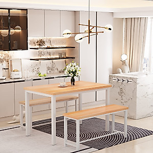 MOOSENG Kitchen Table Benches, 4-6 Person Space Saving Small Dining Sets Metal Frame and MDF Board for Breakfast Nook, Living Room, Apartment, Beige