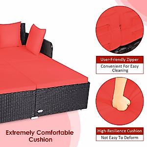 Tangkula Outdoor Rattan Daybed, Sunbed Wicker Furniture w/Spacious Seat, Upholstered Cushion & High-Resilience Sponge, Wicker Patio Sofa Set w/Extra Pillows for Courtyard Poolside(Red)