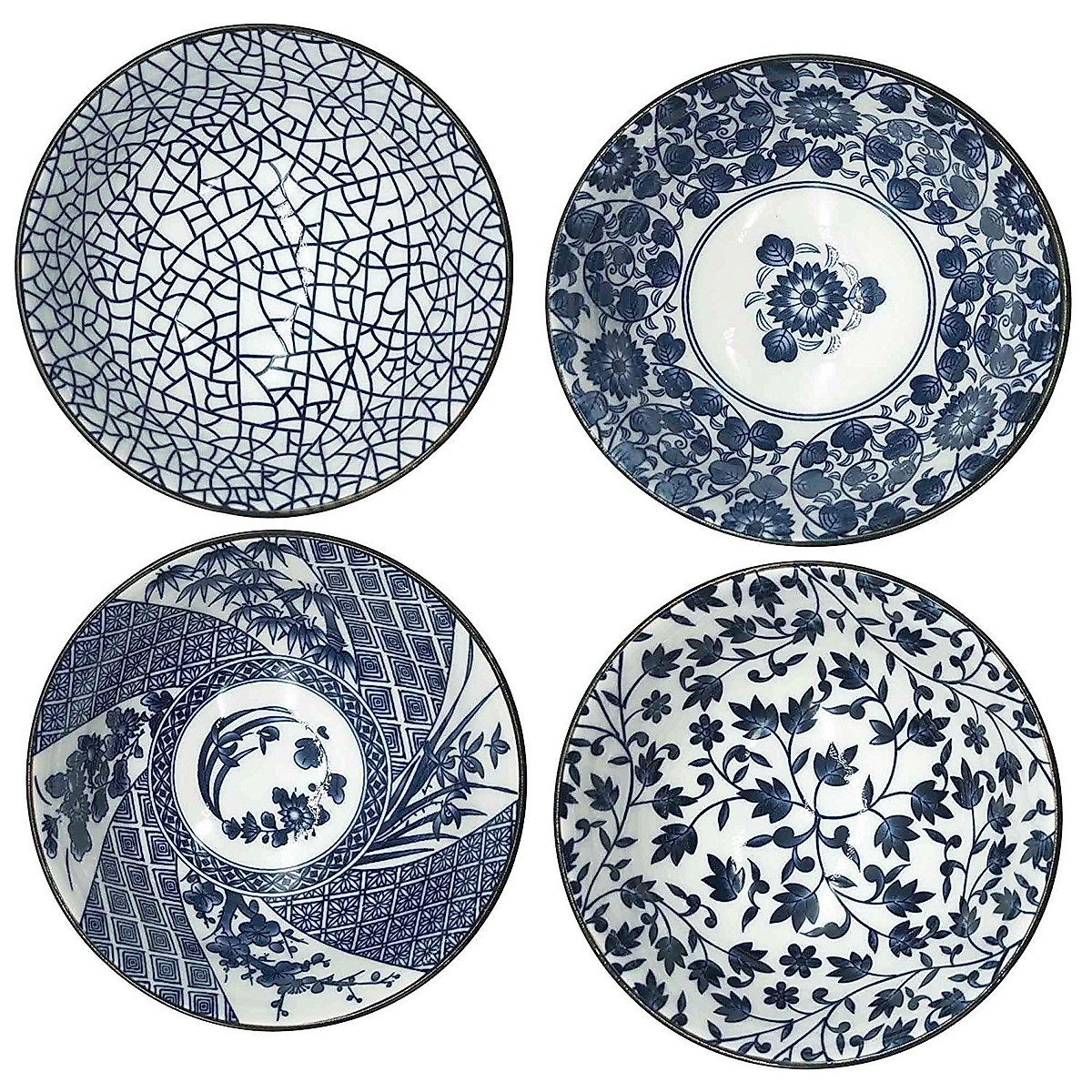 Set of 4 Porcelain Japanese Bowls W Gift Box for Ramen Noodle Udon Noodle Rice Vietnamese Soup Cereal Pho Popcorn Oatmeal (Traditional Blue and White)